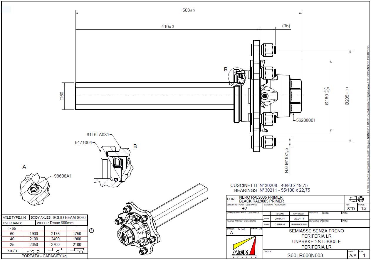 Stub Axle ADR 60sq 6H 160x205 - 2400kg | Ricarnie
